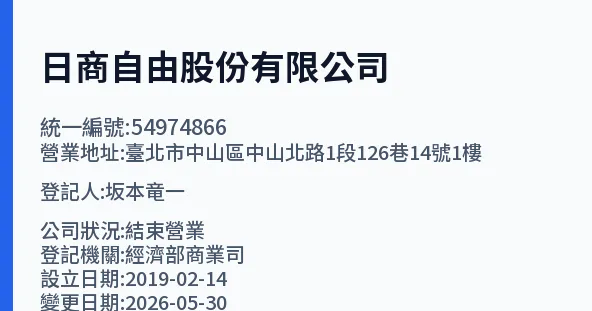 日商自由股份有限公司的照片-統編 54974866(臺北市) 公司登記資料與營業項目詳細圖表