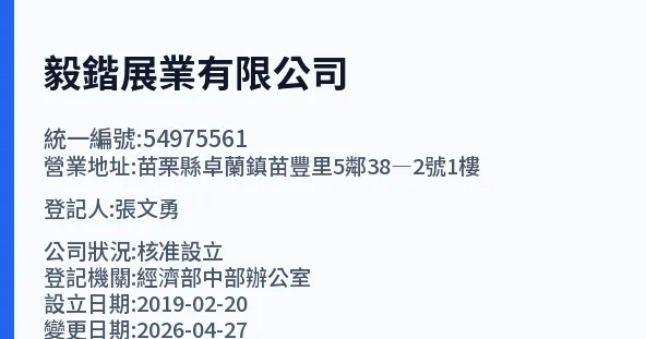 毅鍇展業有限公司的照片-統編 54975561(苗栗縣) 公司登記資料與營業項目詳細圖表