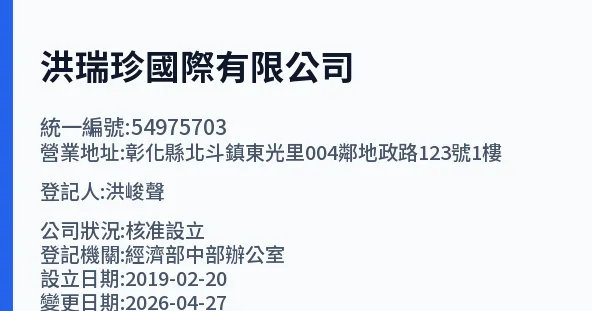 洪瑞珍國際有限公司的照片-統編 54975703(彰化縣) 公司登記資料與營業項目詳細圖表