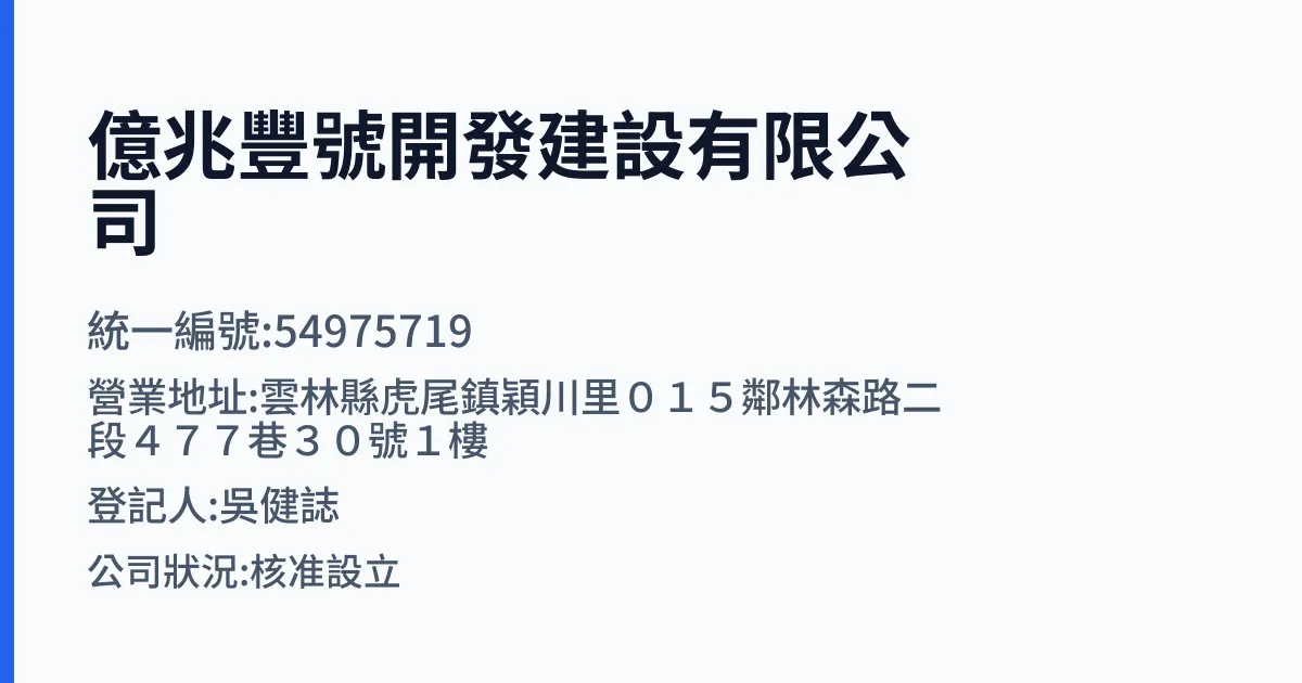 億兆豐號開發建設有限公司 - 統編 54975719(雲林縣) 公司登記資料與營業項目詳細圖表