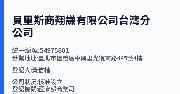 貝里斯商翔謙有限公司台灣分公司的照片-統編 54975801(臺北市) 公司登記資料與營業項目詳細圖表