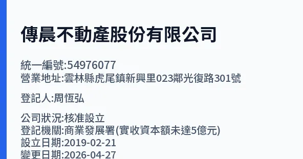 傳晨不動產股份有限公司的照片-統編 54976077(雲林縣) 公司登記資料與營業項目詳細圖表