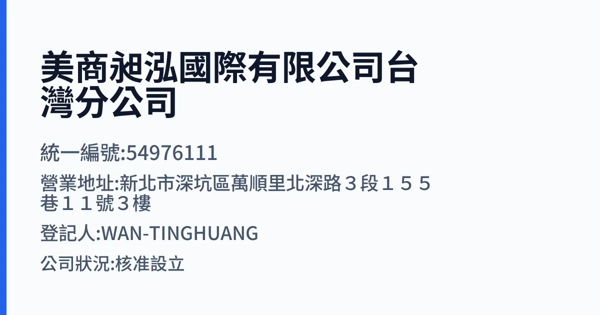 美商昶泓國際有限公司台灣分公司 - 統編 54976111(新北市) 公司登記資料與營業項目詳細圖表