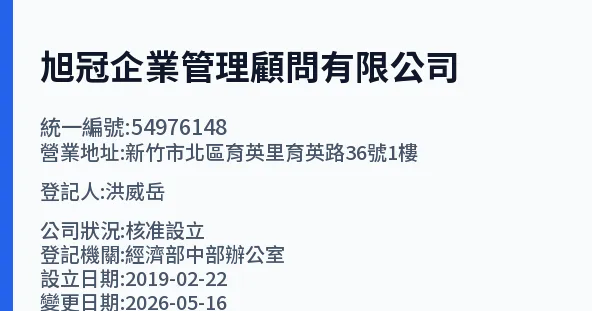 旭冠企業管理顧問有限公司的照片-統編 54976148(新竹市) 公司登記資料與營業項目詳細圖表