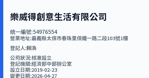 樂威得創意生活有限公司的照片-統編 54976554(嘉義縣) 公司登記資料與營業項目詳細圖表