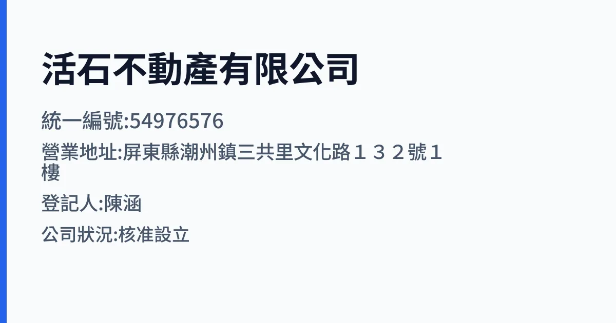 活石不動產有限公司 - 統編 54976576(屏東縣) 公司登記資料與營業項目詳細圖表
