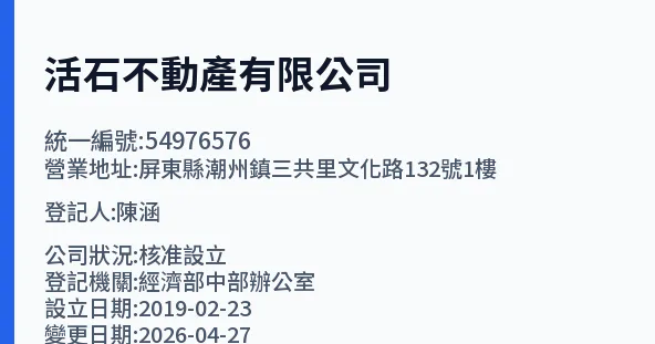 活石不動產有限公司的照片-統編 54976576(屏東縣) 公司登記資料與營業項目詳細圖表