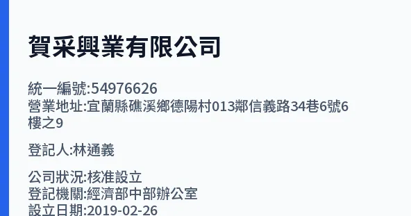賀采興業有限公司的照片-統編 54976626(宜蘭縣) 公司登記資料與營業項目詳細圖表