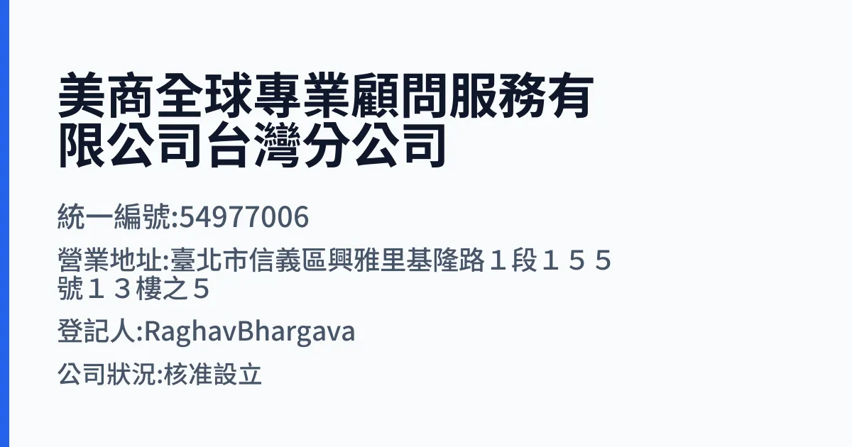 美商全球專業顧問服務有限公司台灣分公司 - 統編 54977006(臺北市) 公司登記資料與營業項目詳細圖表