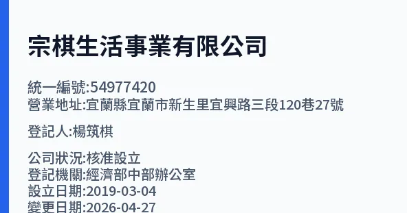 宗棋生活事業有限公司的照片-統編 54977420(宜蘭縣) 公司登記資料與營業項目詳細圖表
