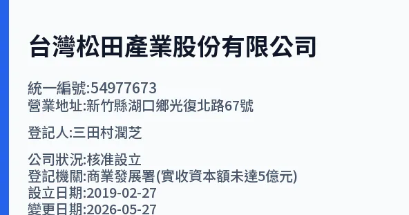台灣松田產業股份有限公司的照片-統編 54977673(新竹縣) 公司登記資料與營業項目詳細圖表