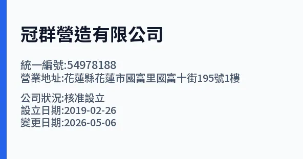 冠群營造有限公司的照片-統編 54978188(花蓮縣) 公司登記資料與營業項目詳細圖表