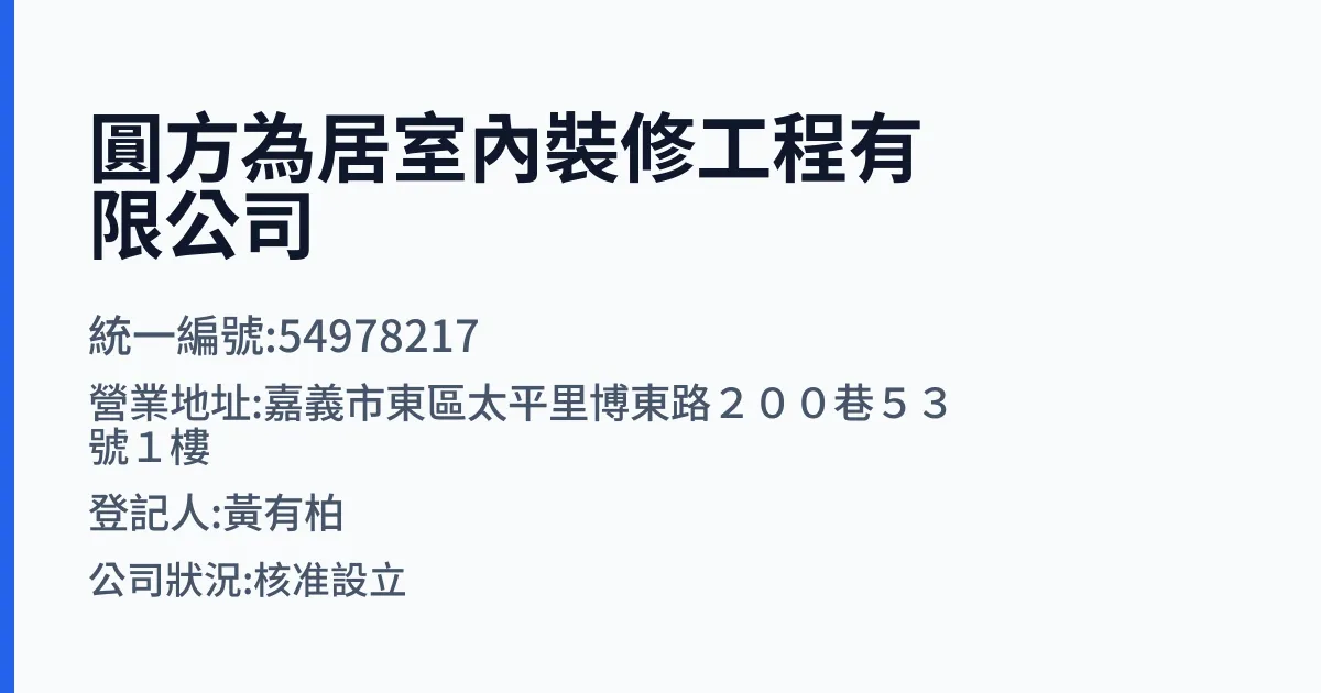 圓方為居室內裝修工程有限公司 - 統編 54978217(嘉義市) 公司登記資料與營業項目詳細圖表
