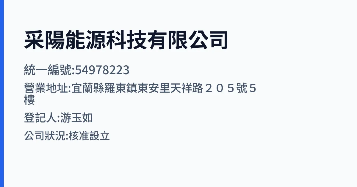 采陽能源科技有限公司 - 統編 54978223(宜蘭縣) 公司登記資料與營業項目詳細圖表
