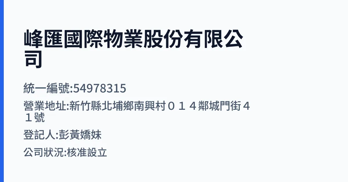 峰匯國際物業股份有限公司 - 統編 54978315(新竹縣) 公司登記資料與營業項目詳細圖表