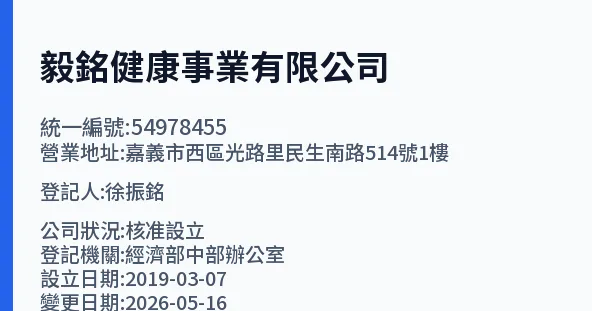 毅銘健康事業有限公司的照片-統編 54978455(嘉義市) 公司登記資料與營業項目詳細圖表