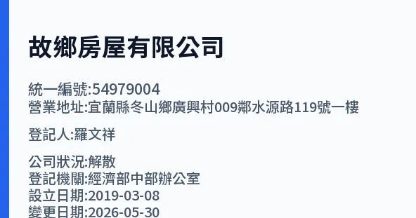 故鄉房屋有限公司的照片-統編 54979004(宜蘭縣) 公司登記資料與營業項目詳細圖表