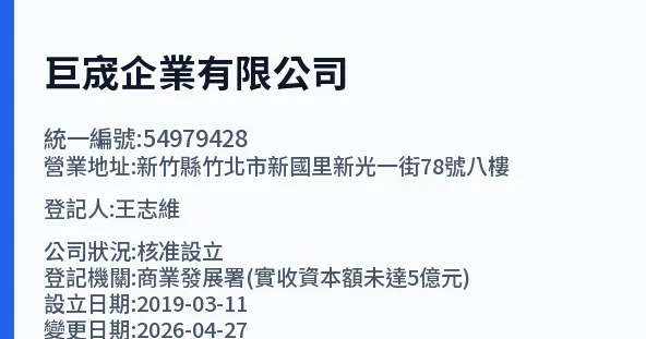 巨宬企業有限公司的照片-統編 54979428(新竹縣) 公司登記資料與營業項目詳細圖表
