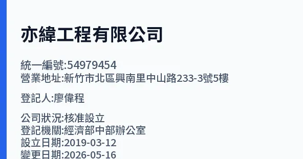 亦緯工程有限公司的照片-統編 54979454(新竹市) 公司登記資料與營業項目詳細圖表
