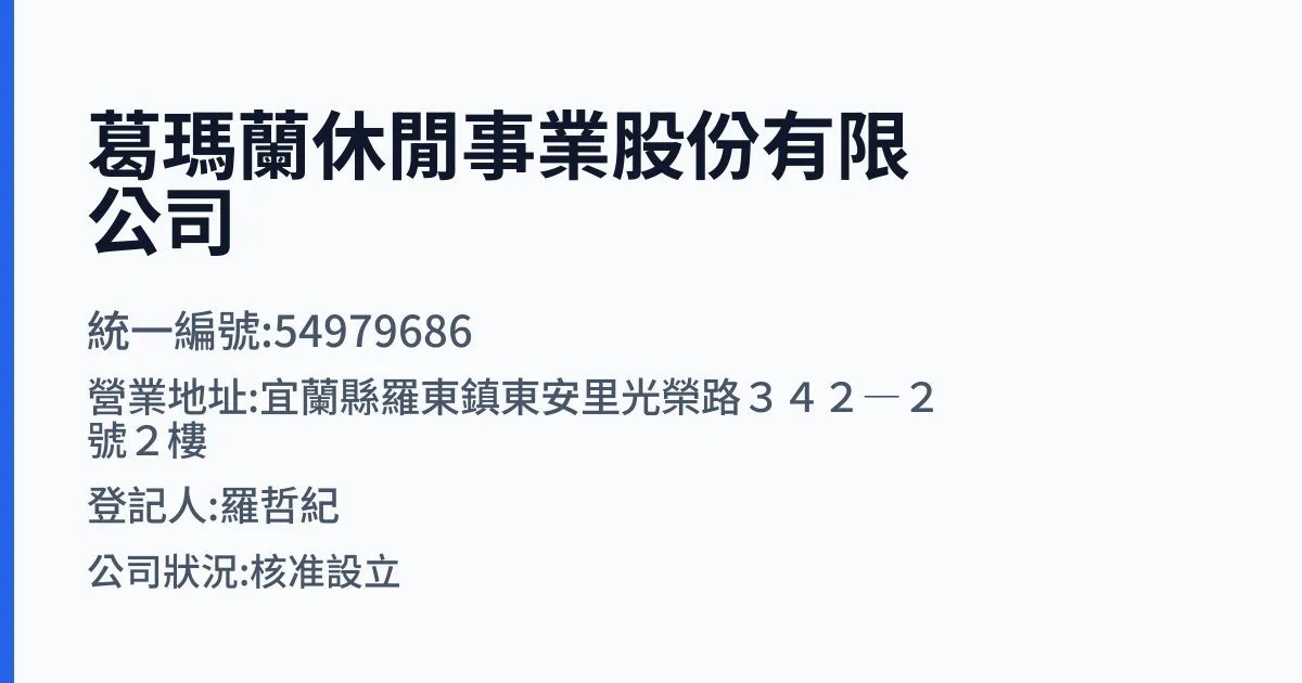 葛瑪蘭休閒事業股份有限公司 - 統編 54979686(宜蘭縣) 公司登記資料與營業項目詳細圖表