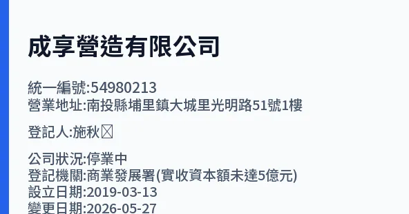 成享營造有限公司的照片-統編 54980213(南投縣) 公司登記資料與營業項目詳細圖表