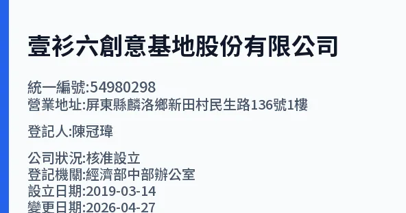 壹衫六創意基地股份有限公司的照片-統編 54980298(屏東縣) 公司登記資料與營業項目詳細圖表