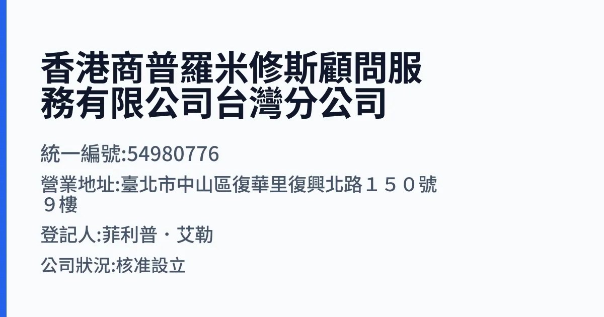 香港商普羅米修斯顧問服務有限公司台灣分公司 - 統編 54980776(臺北市) 公司登記資料與營業項目詳細圖表