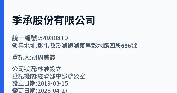 季承股份有限公司的照片-統編 54980810(彰化縣) 公司登記資料與營業項目詳細圖表