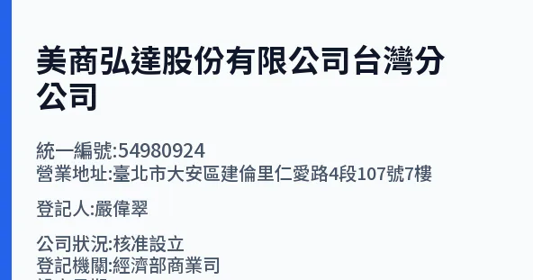 美商弘達股份有限公司台灣分公司的照片-統編 54980924(臺北市) 公司登記資料與營業項目詳細圖表