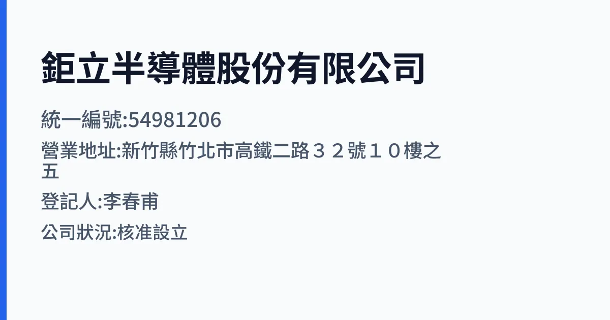 鉅立半導體股份有限公司 - 統編 54981206(新竹縣) 公司登記資料與營業項目詳細圖表