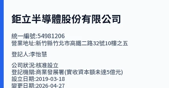 鉅立半導體股份有限公司的照片-統編 54981206(新竹縣) 公司登記資料與營業項目詳細圖表