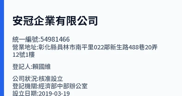 安冠企業有限公司的照片-統編 54981466(彰化縣) 公司登記資料與營業項目詳細圖表
