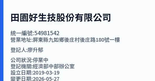 田園好生技股份有限公司的照片-統編 54981542(屏東縣) 公司登記資料與營業項目詳細圖表