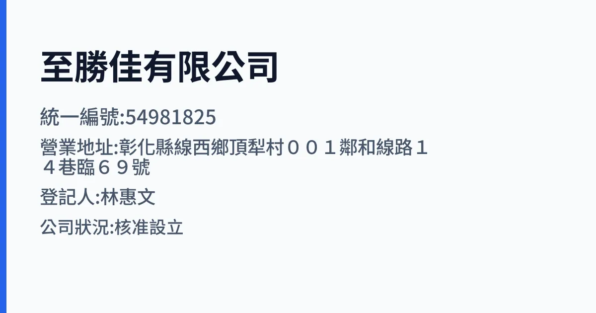 至勝佳有限公司 - 統編 54981825(彰化縣) 公司登記資料與營業項目詳細圖表