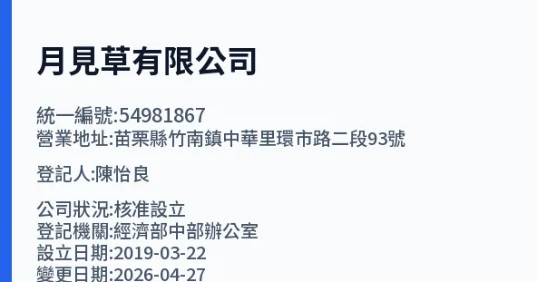 月見草有限公司的照片-統編 54981867(苗栗縣) 公司登記資料與營業項目詳細圖表