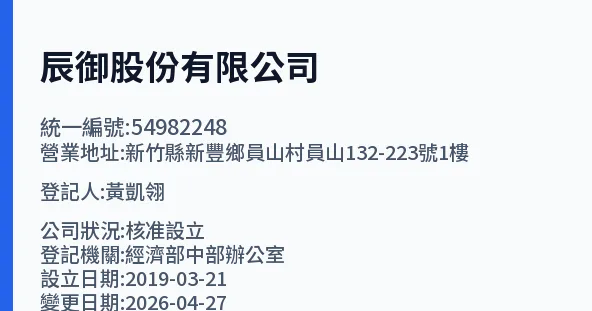 辰御股份有限公司的照片-統編 54982248(新竹縣) 公司登記資料與營業項目詳細圖表