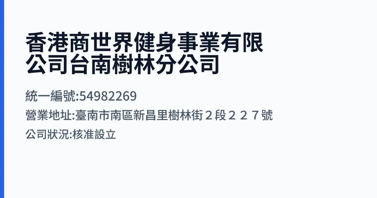 香港商世界健身事業有限公司台南樹林分公司 - 統編 54982269(臺南市) 公司登記資料與營業項目詳細圖表