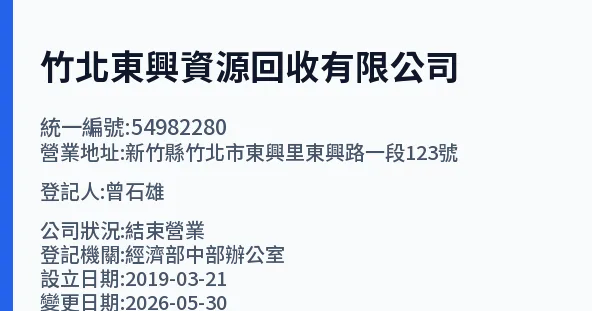 竹北東興資源回收有限公司的照片-統編 54982280(新竹縣) 公司登記資料與營業項目詳細圖表