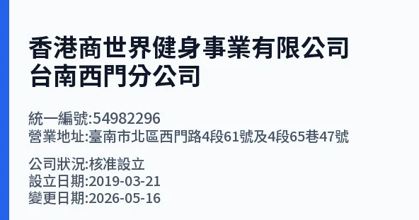 香港商世界健身事業有限公司台南西門分公司的照片-統編 54982296(臺南市) 公司登記資料與營業項目詳細圖表