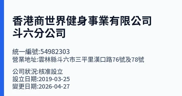 香港商世界健身事業有限公司斗六分公司的照片-統編 54982303(雲林縣) 公司登記資料與營業項目詳細圖表