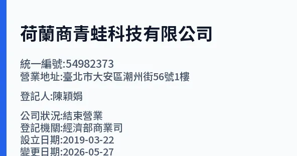 荷蘭商青蛙科技有限公司的照片-統編 54982373(臺北市) 公司登記資料與營業項目詳細圖表