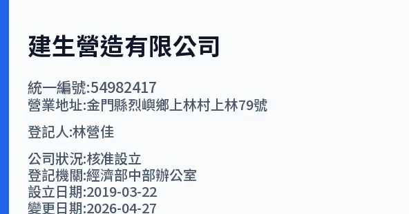 建生營造有限公司的照片-統編 54982417(金門縣) 公司登記資料與營業項目詳細圖表