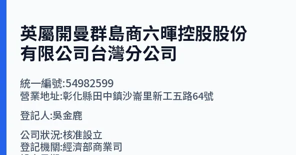 英屬開曼群島商六暉控股股份有限公司台灣分公司的照片-統編 54982599(彰化縣) 公司登記資料與營業項目詳細圖表