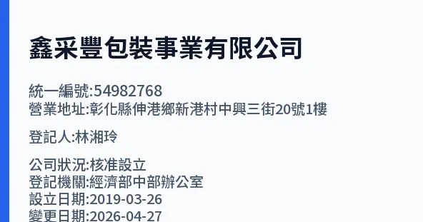 鑫采豐包裝事業有限公司的照片-統編 54982768(彰化縣) 公司登記資料與營業項目詳細圖表