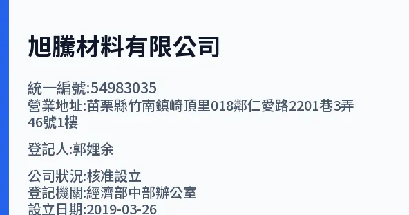 旭騰材料有限公司的照片-統編 54983035(苗栗縣) 公司登記資料與營業項目詳細圖表