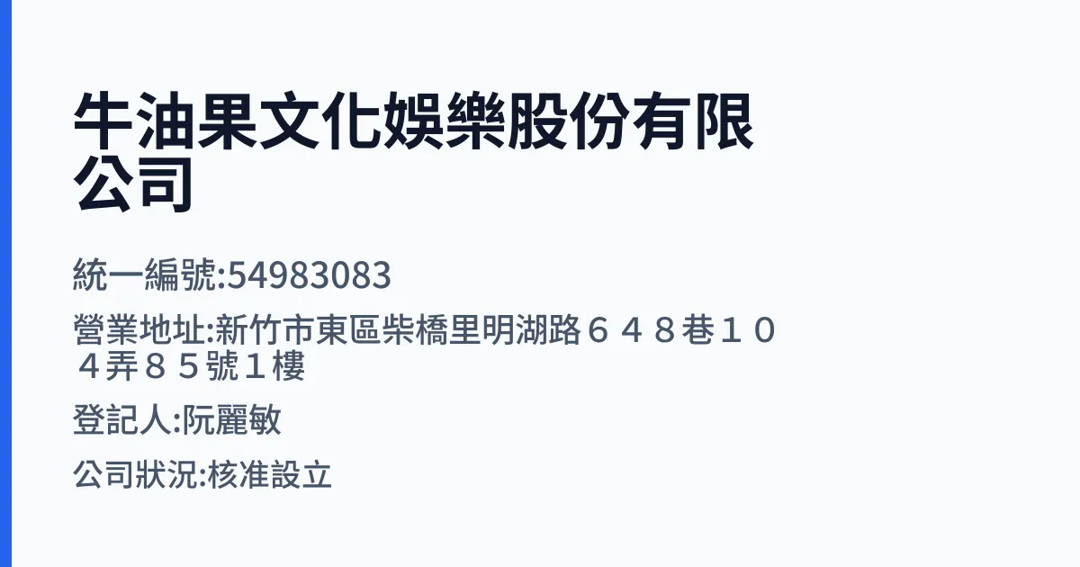 牛油果文化娛樂股份有限公司 - 統編 54983083(新竹市) 公司登記資料與營業項目詳細圖表