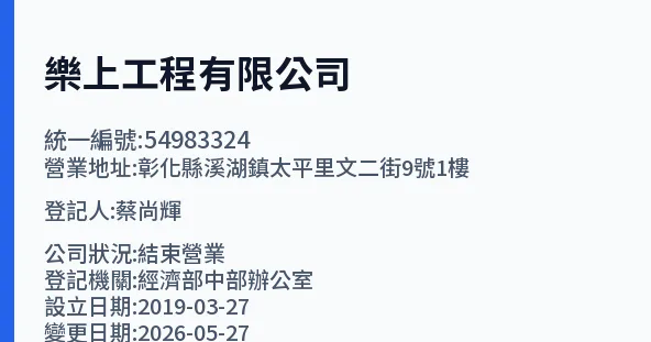 樂上工程有限公司的照片-統編 54983324(彰化縣) 公司登記資料與營業項目詳細圖表