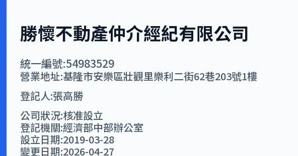 勝懷不動產仲介經紀有限公司的照片-統編 54983529(基隆市) 公司登記資料與營業項目詳細圖表