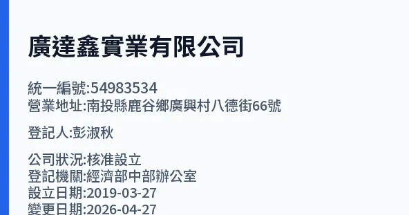 廣達鑫實業有限公司的照片-統編 54983534(南投縣) 公司登記資料與營業項目詳細圖表