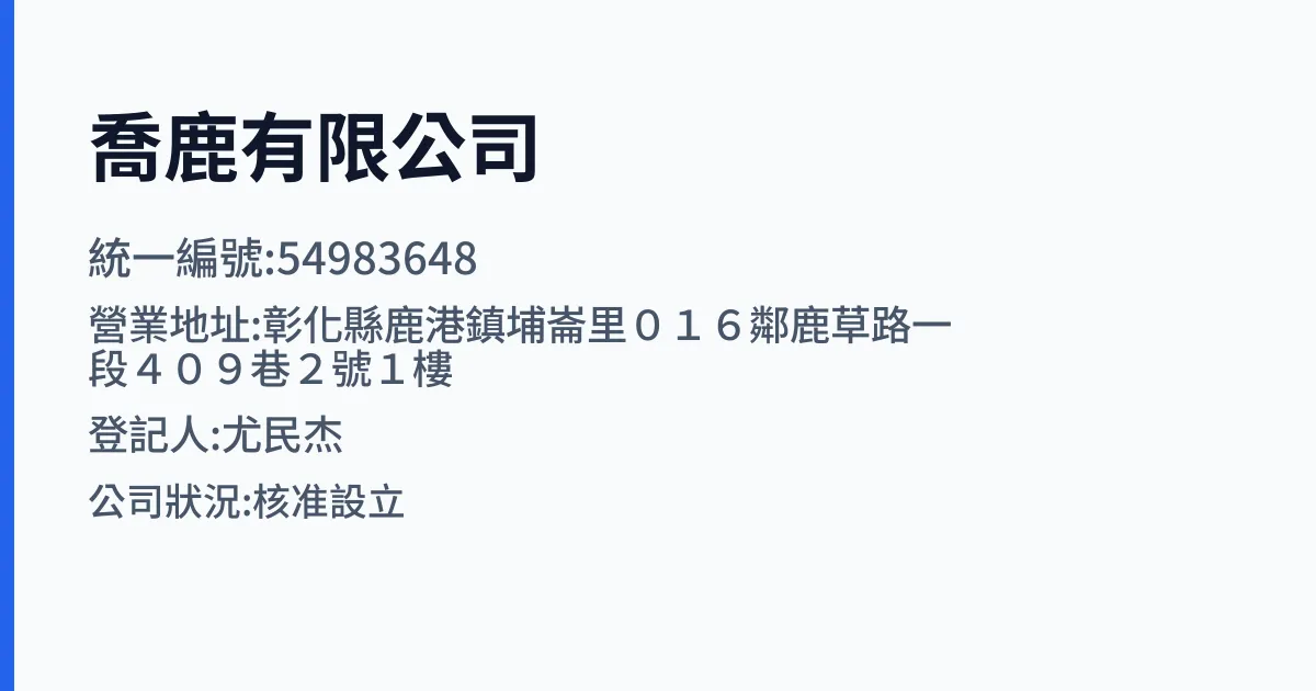 喬鹿有限公司 - 統編 54983648(彰化縣) 公司登記資料與營業項目詳細圖表